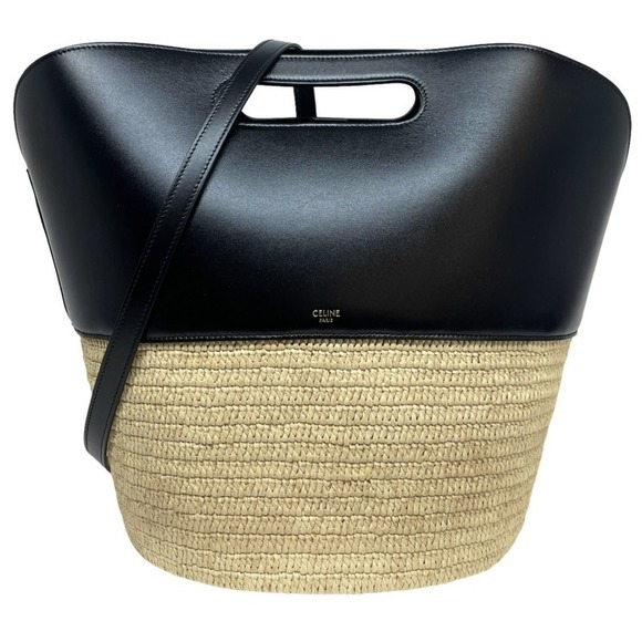 Celine | Bags | Celine Raffia Calfskin Straw Bucket Shoulder Tote Bag ...